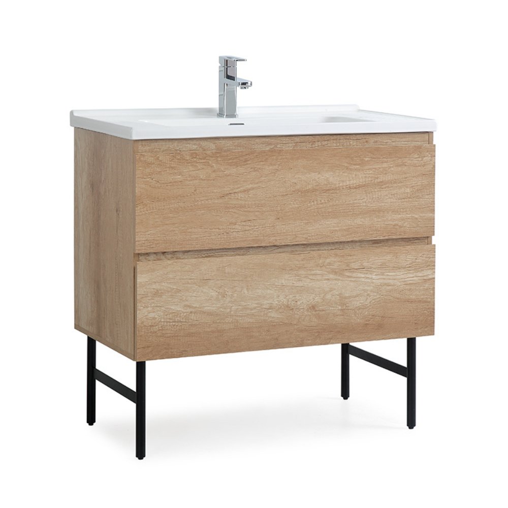 36 Inch Modern Bathroom Vanity with Wood Look, Metal Legs & Solid ...
