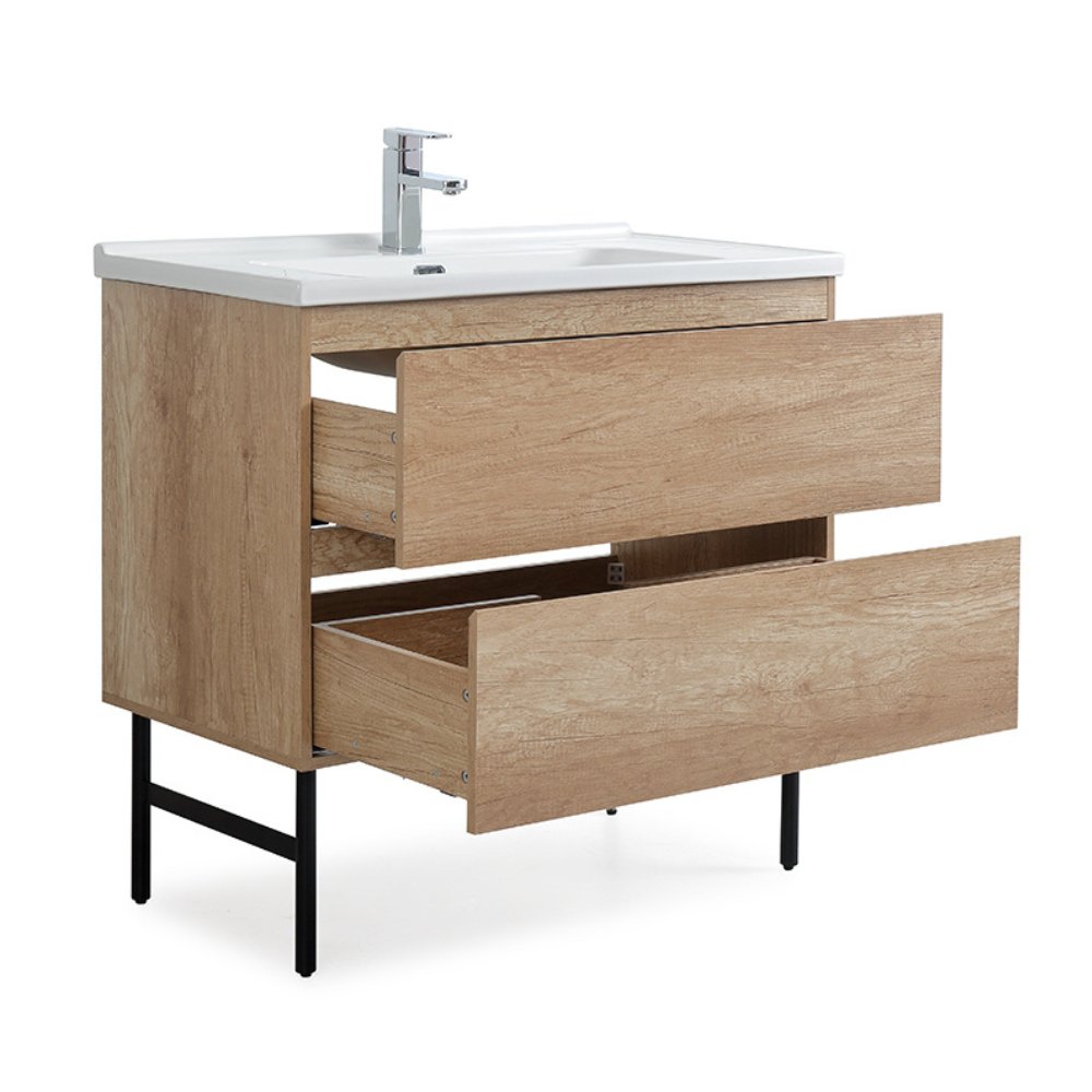 36 Inch Modern Bathroom Vanity with Wood Look, Metal Legs & Solid ...