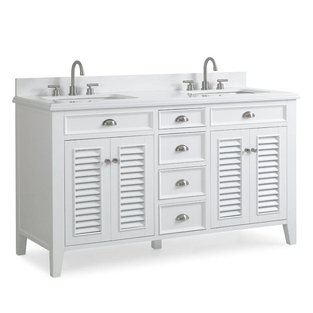 60 Inch Double Sink White Bathroom Vanity with Quartz Top, Soft Close ...