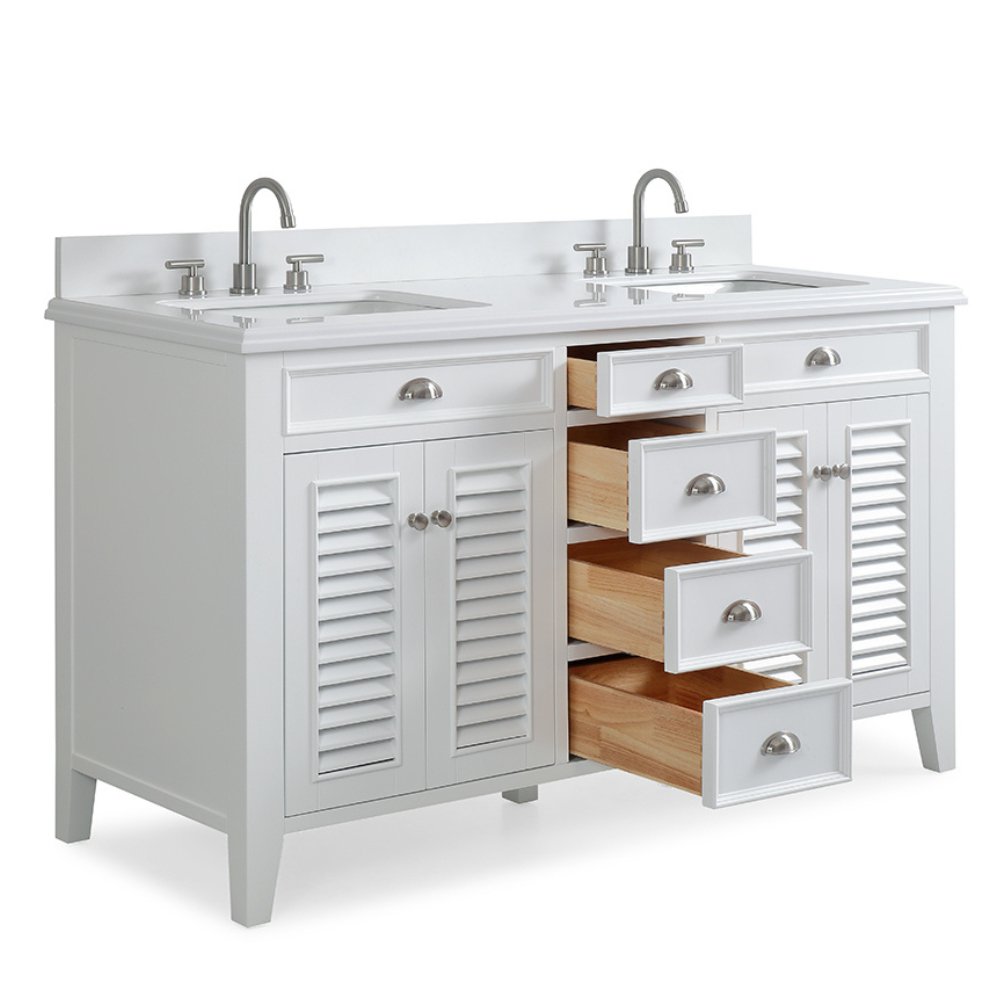 60 Inch Double Sink White Bathroom Vanity with Quartz Top, Soft Close ...